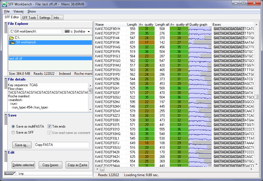 SFF Workbench Screenshots-a user friendly SFF file viewer, SFF editor, SFF to FASTA converter
